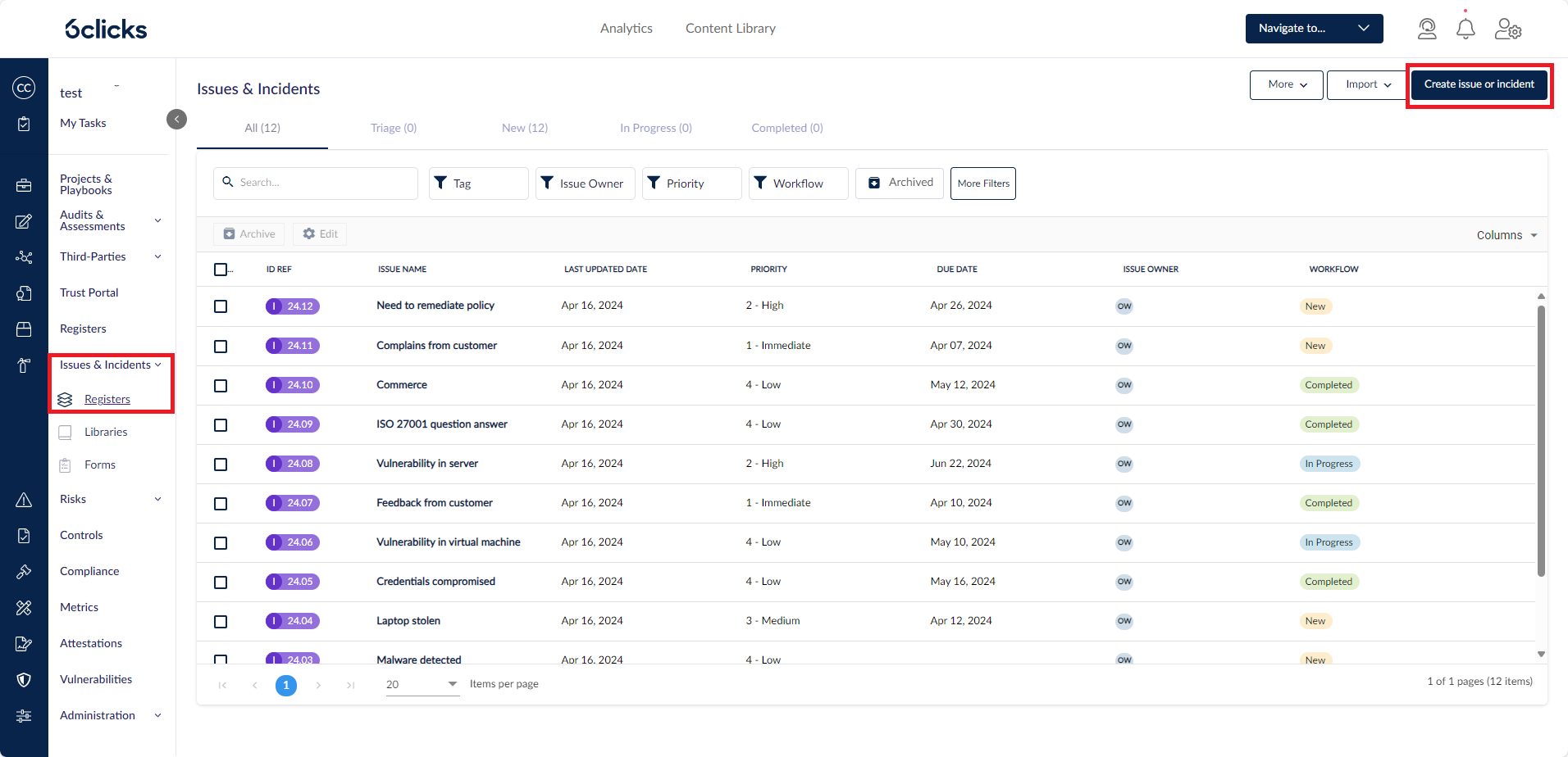 Issues & Incidents Registers overview